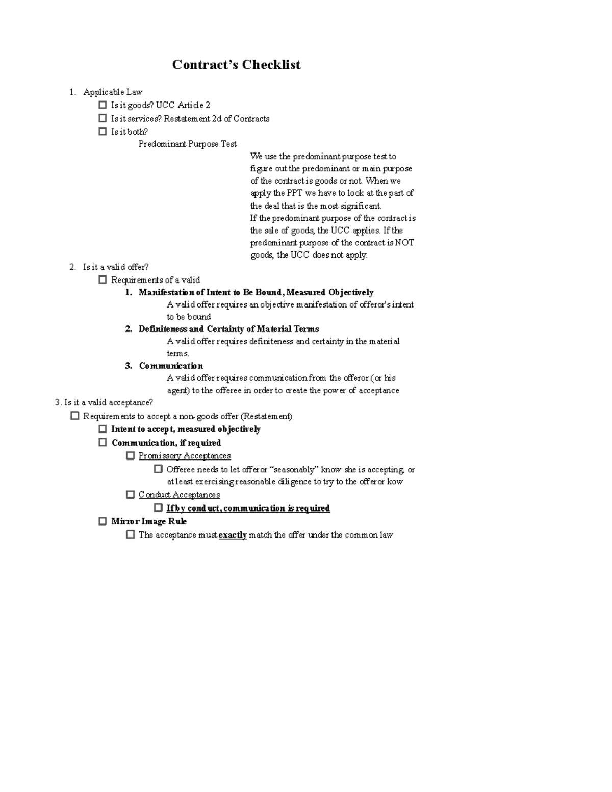 Contracts Checklist - governing law, offer, acceptance - Contract’s ...