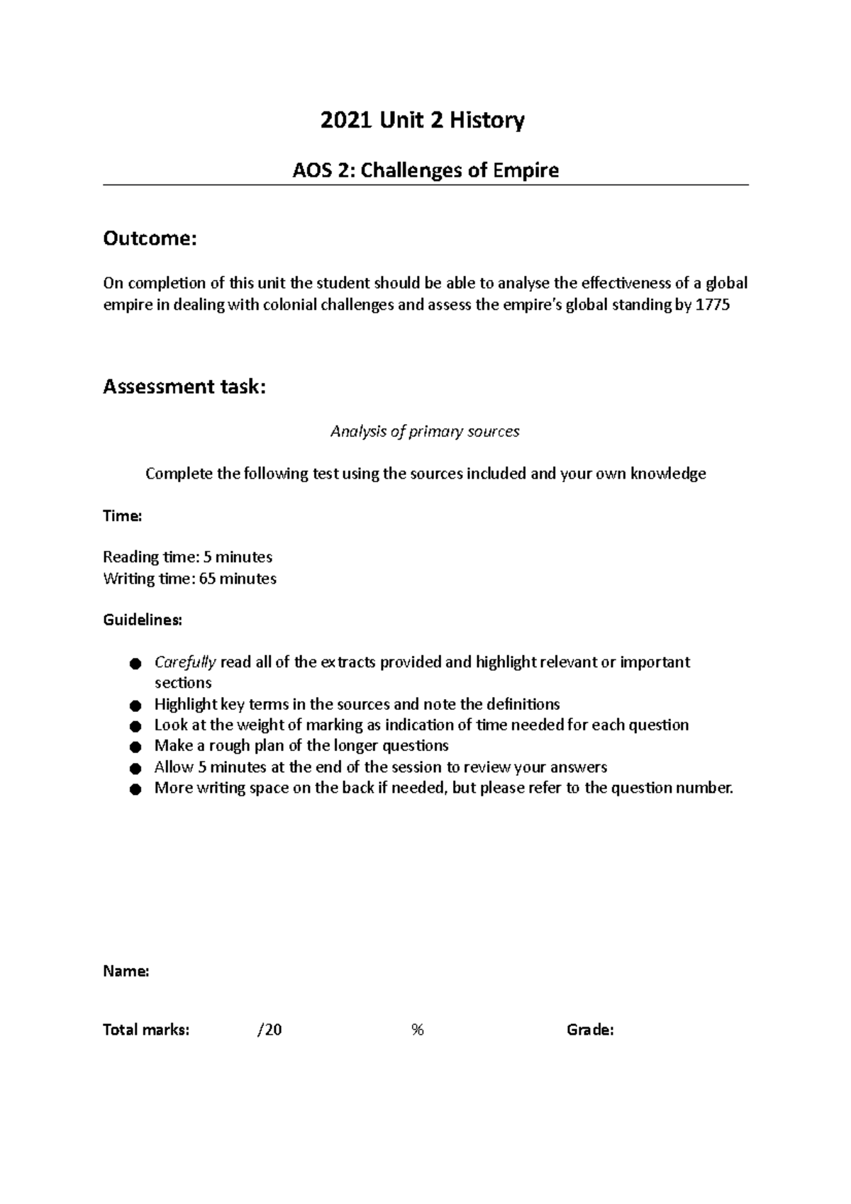 AOS 2 SAC 2a Primary Document Analysis 2021 - 2021 Unit 2 History AOS 2 ...