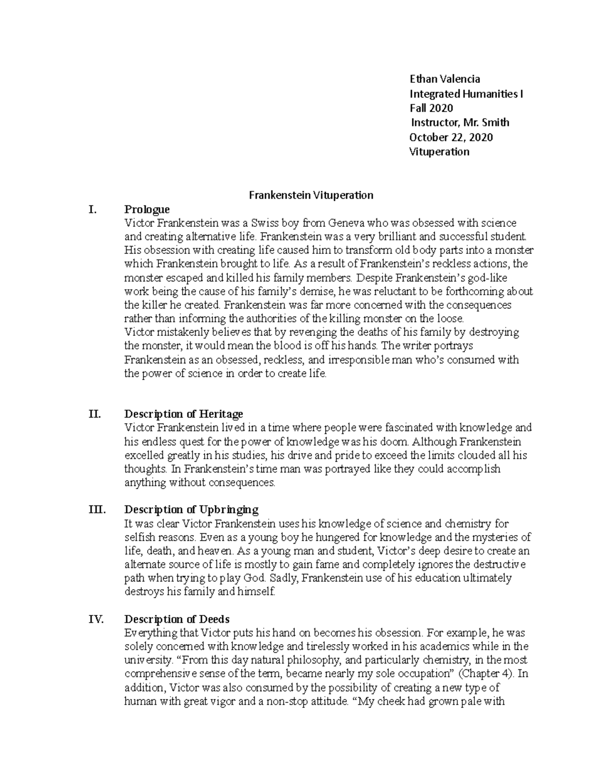 Vituperation Frankenstein - Ethan Valencia Integrated Humanities I Fall ...