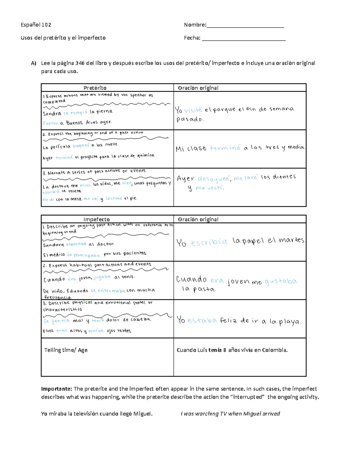 Preterite vs Imperfect Examples - Español 102 Nombre ...