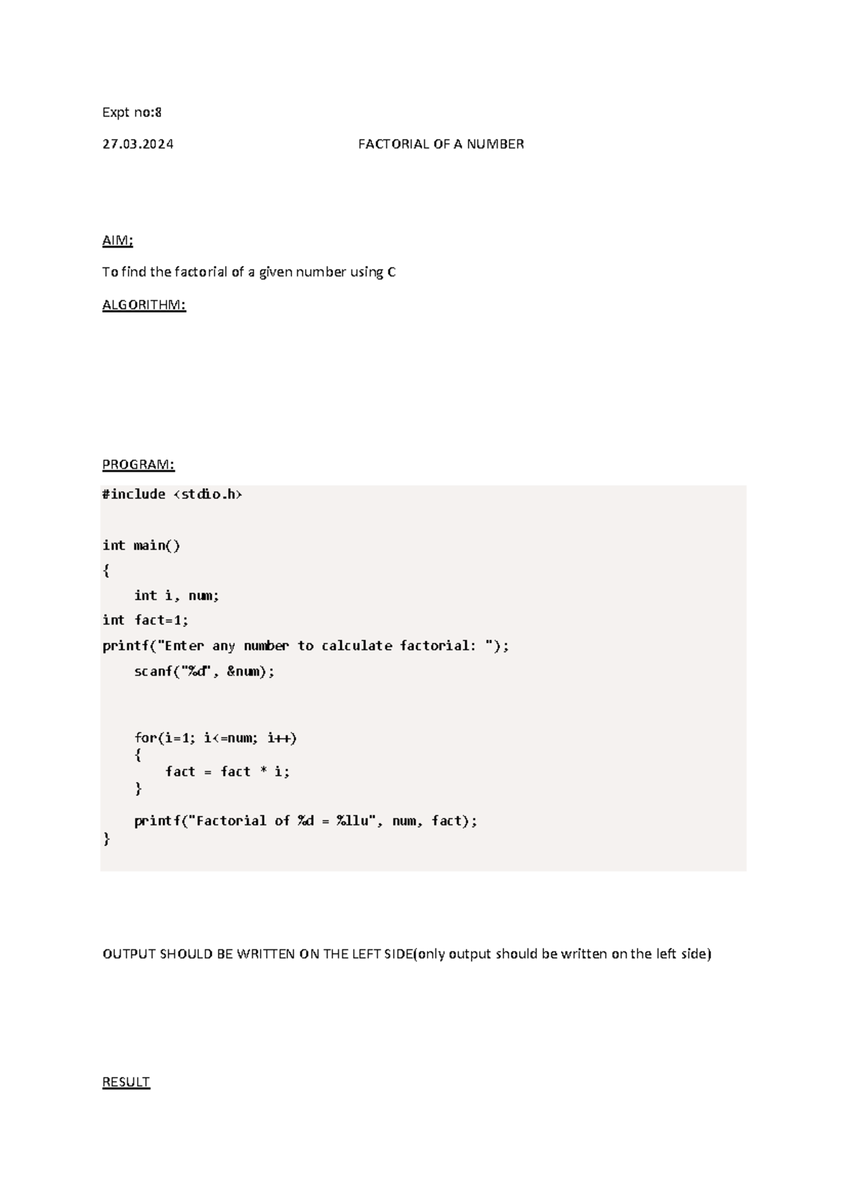 Extra 3 programs - c programming - Expt no: 8 27.03 FACTORIAL OF A ...