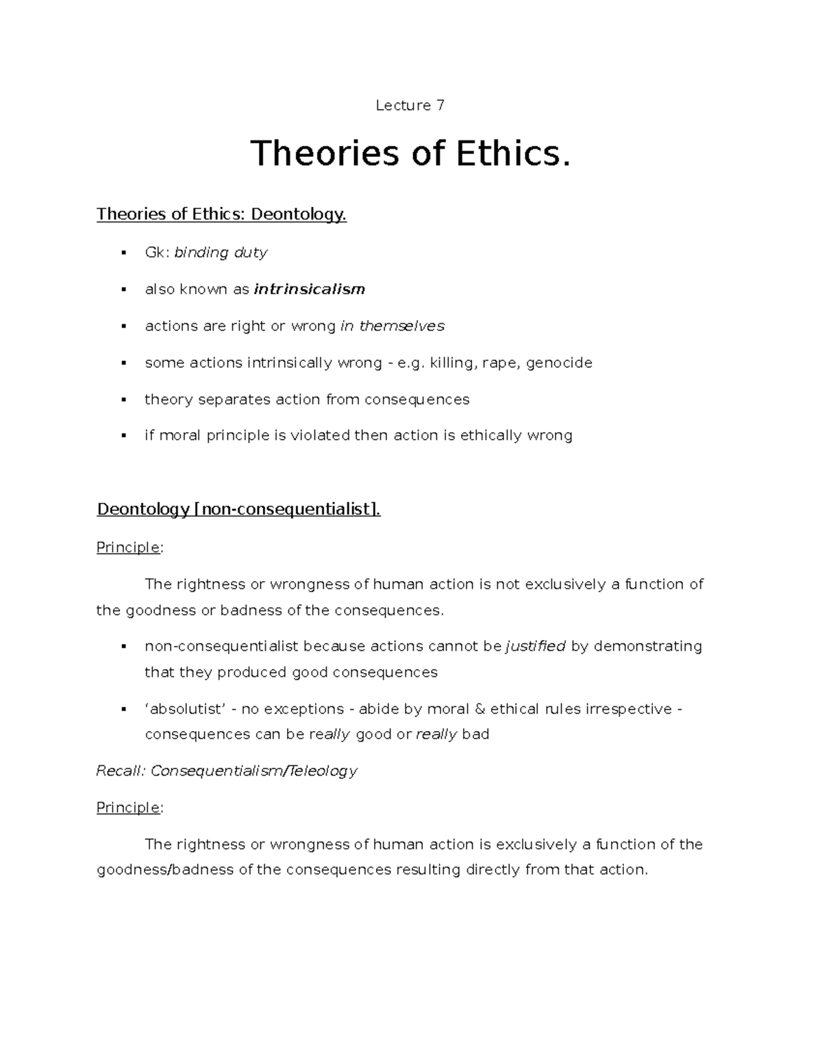Lecture 7 - ECU - Biomedical Ethics notes - Lecture 7 Theories of ...