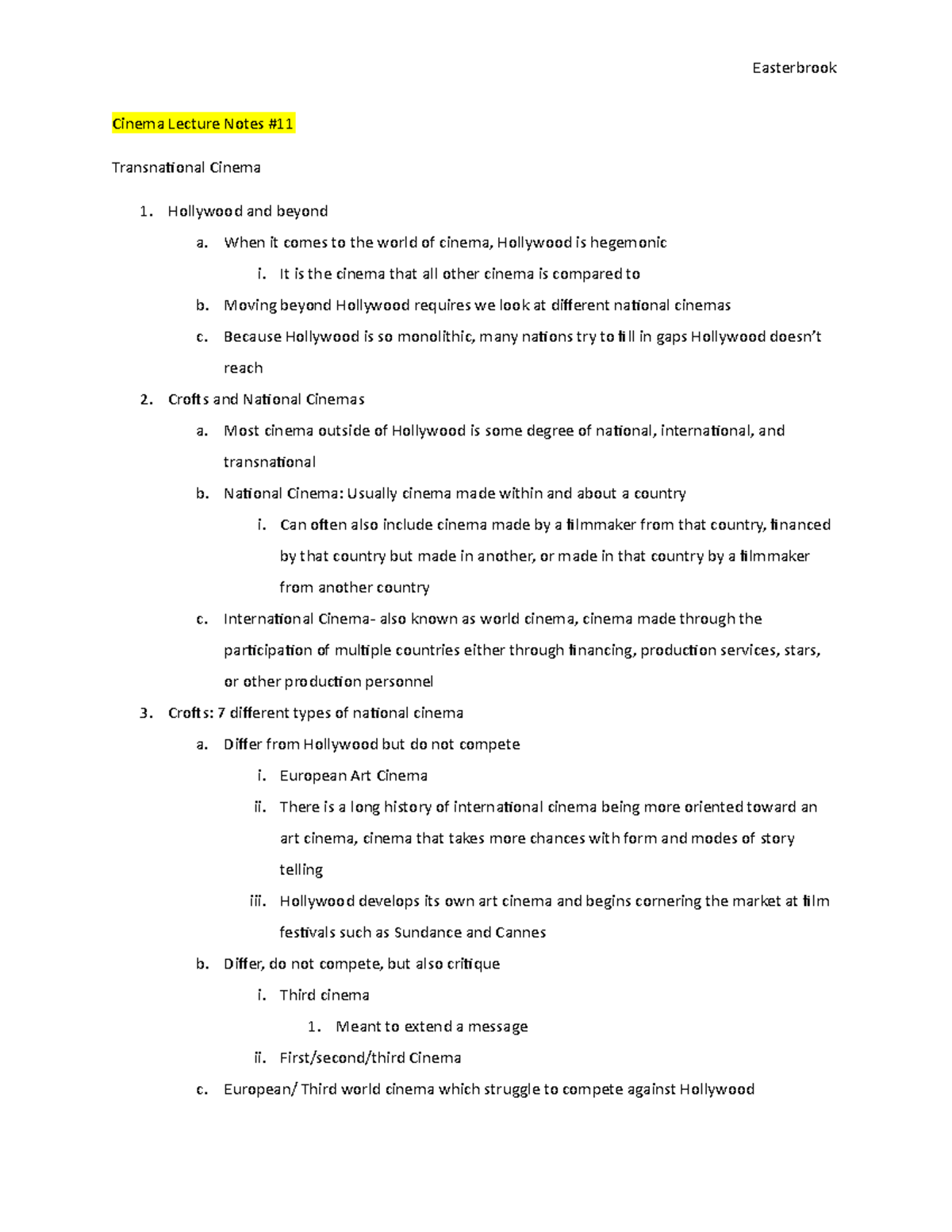 Film Lecture Notes #11 - Easterbrook Cinema Lecture Notes Transnational ...
