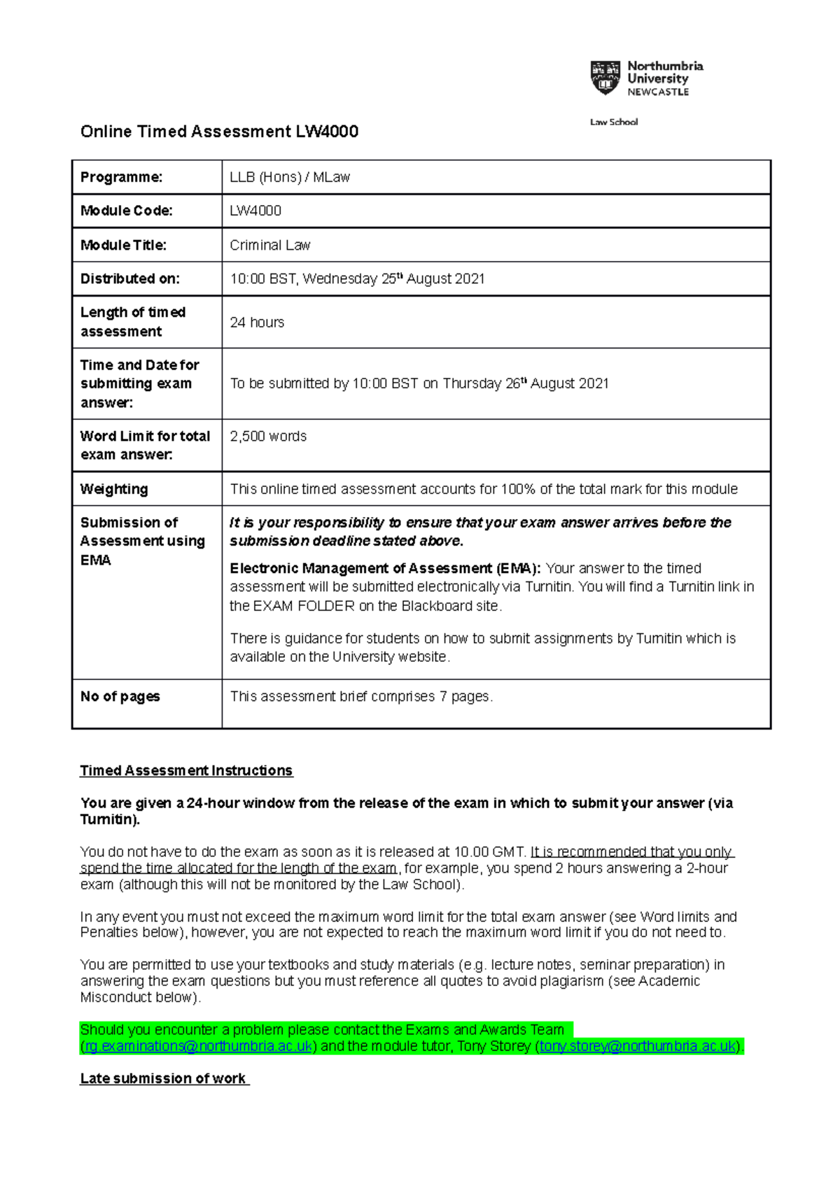 2021 August - ... - Programme: LLB (Hons) / MLaw Module Code: LW Module ...