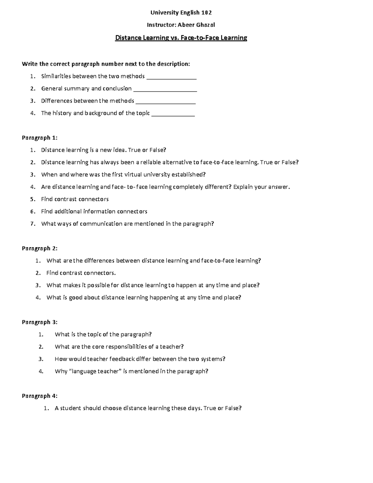 Distance Learning vs. Face-to-Face Learning - University English 102 ...