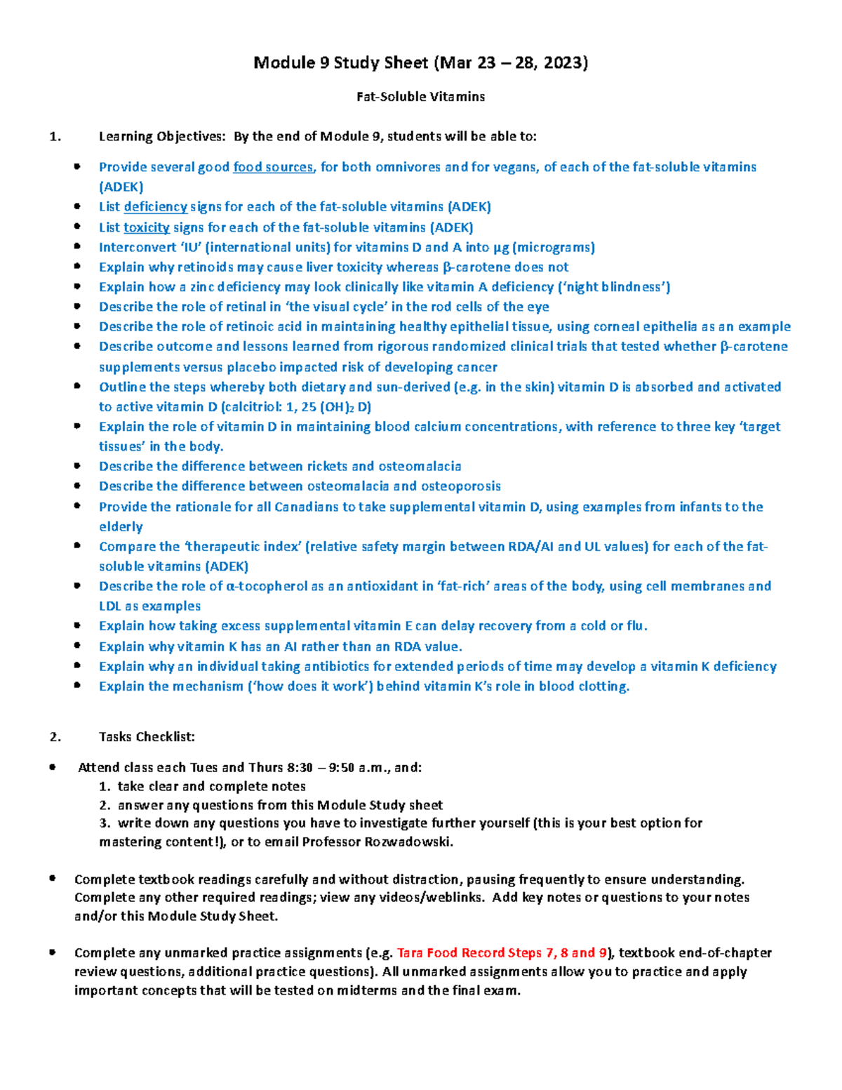 Study Sheet for Module 9 Winter 2023 - Module 9 Study Sheet (Mar 23 – 28, 2023) Fat-Soluble ...