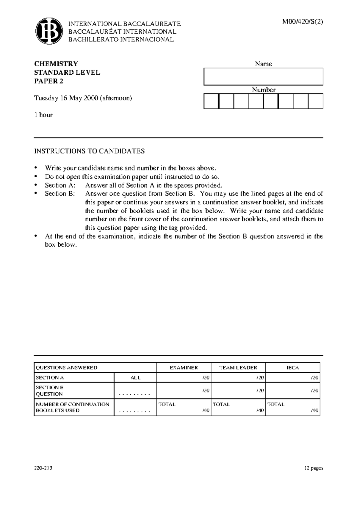 Chemistry paper 2 SL - CHEMISTRY STANDARD LEVEL PAPER 2 Tuesday 16 May ...