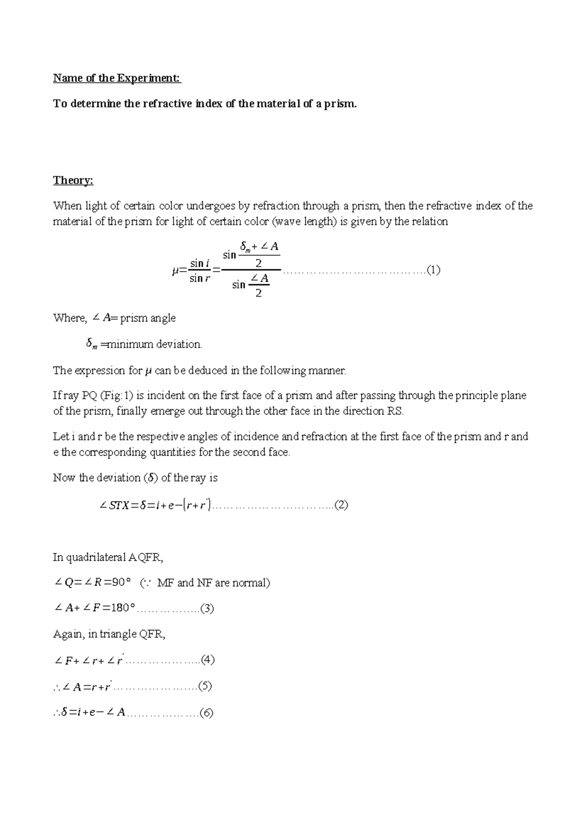 Determining the refractive index of the - Theory: When light of certain color undergoes by - Studocu