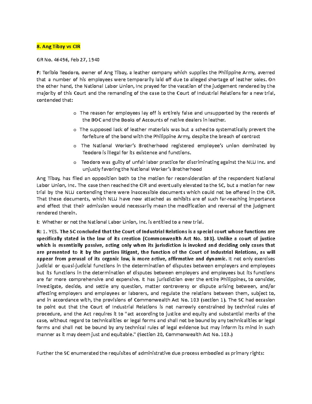 7-10 - Ang Tibay vs CIR GR No. 46496, Feb 27, 1940 Phil. Pharma vs ...