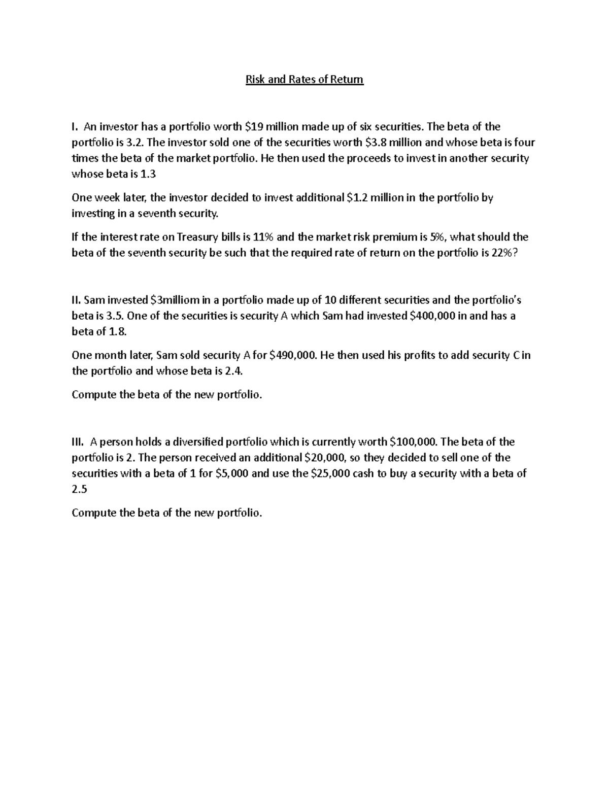 Problems on risk and rate of return - Risk and Rates of Return I. An ...