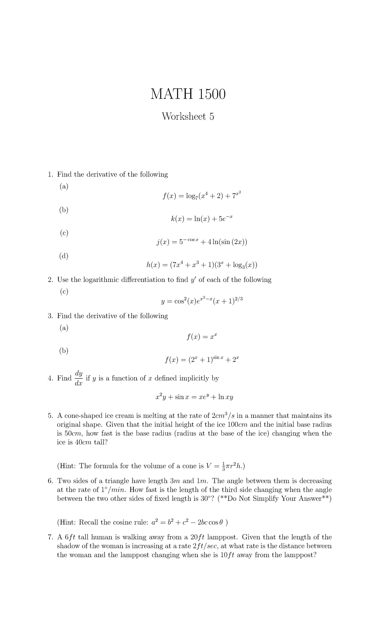 Worksheet 5 MATH 1500 - MATH 1500 Worksheet 5 Find the derivative of ...