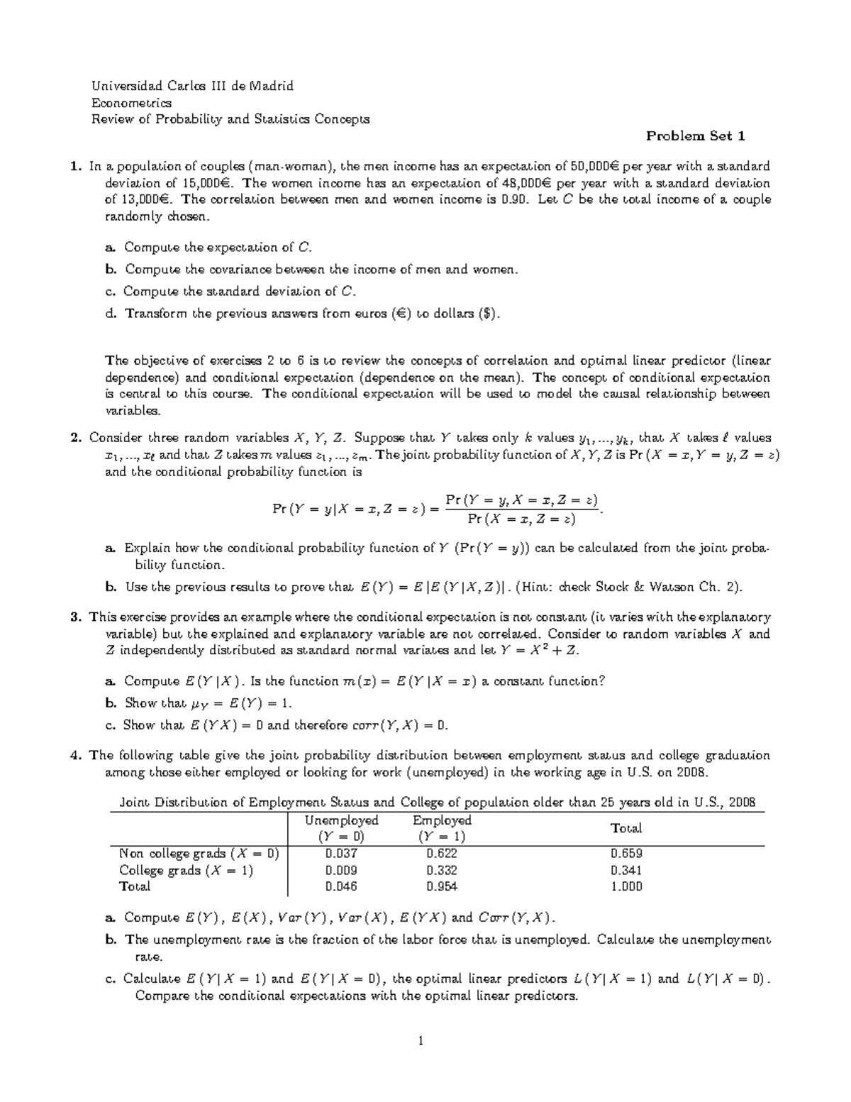 Hoja 1 english 2023 - Universidad Carlos III de Madrid Econometrics Review of Probability and ...