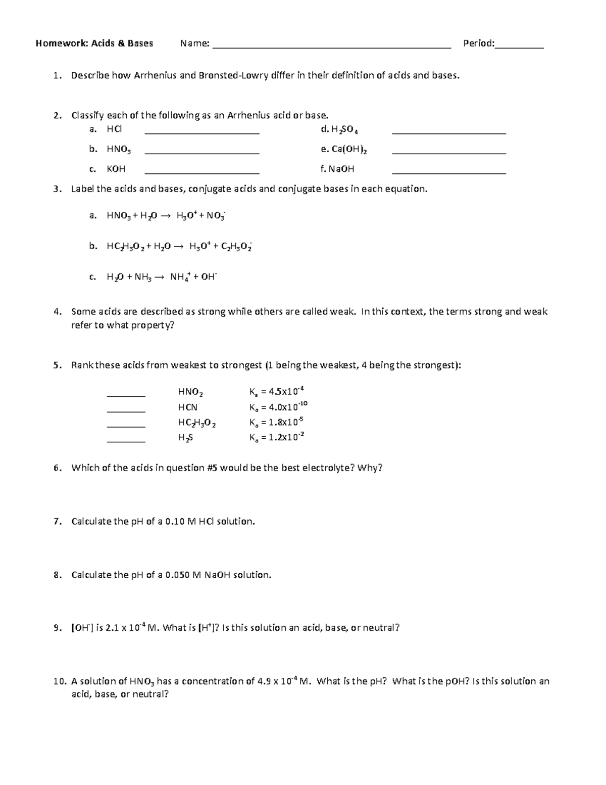 Acids & Bases HW - Chemistry Unit 5 - Homework: Acids & Bases Name ...