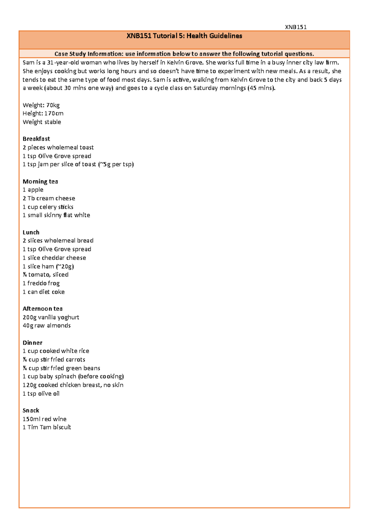 Tutorial 5 Health Guidelines worksheet - XNB XNB151 Tutorial 5: Health ...