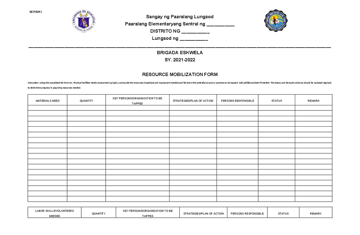 Brigada Eskwela FORM 3 Resource Mobilization FORM - Sangay ng Paaralang ...