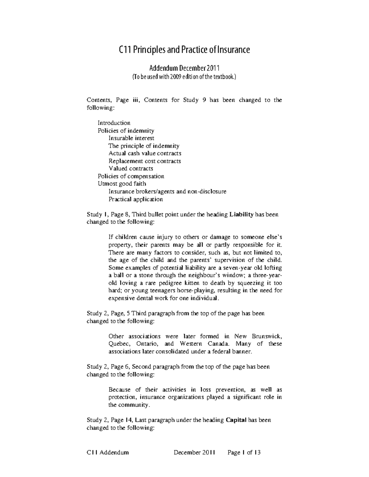 C11Addendum Dec 2011 - C11 Principles and Practice of Insurance Addendum December 2011 (To be ...