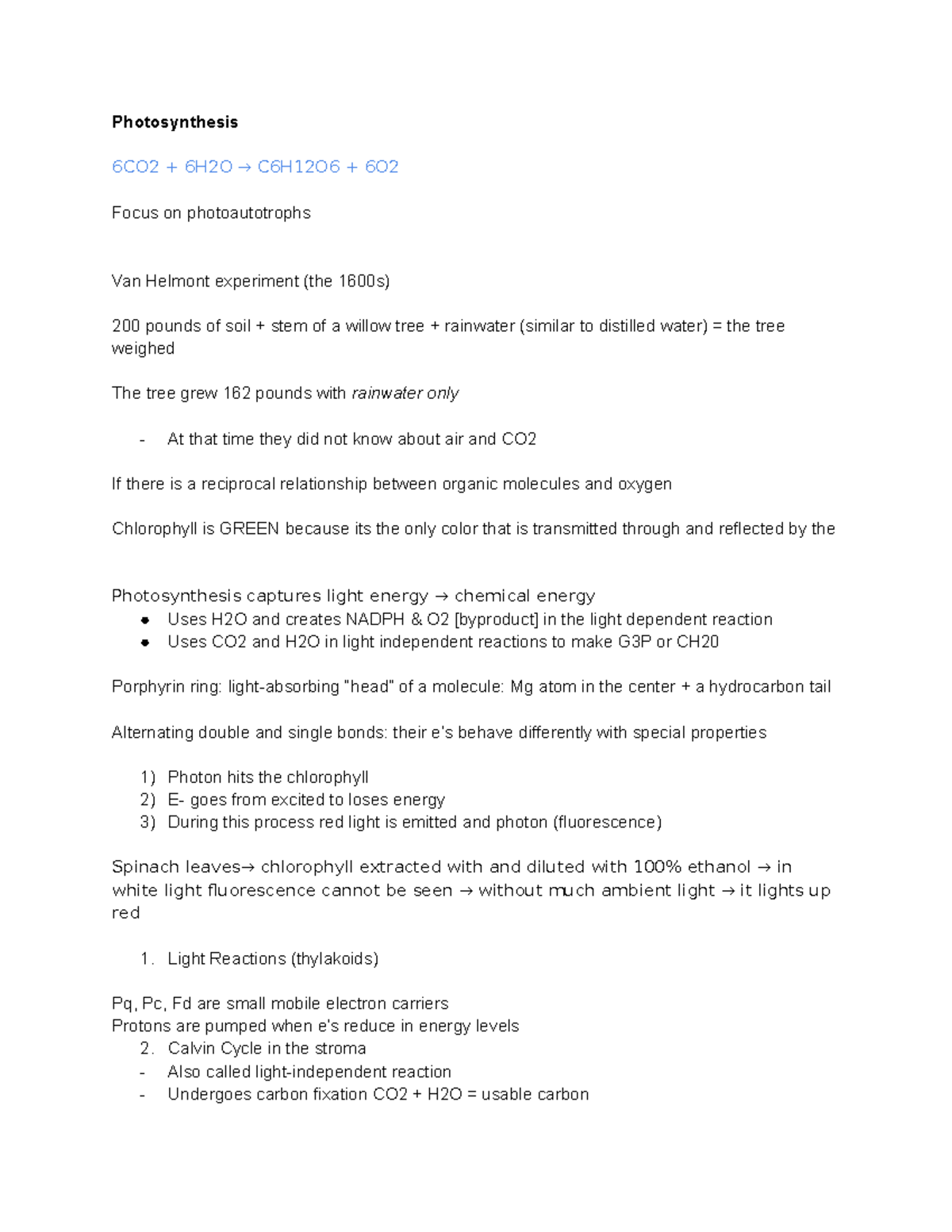 Bio 93 10 22 - Lecture notes on Tro lecture - Photosynthesis 6CO2 ...