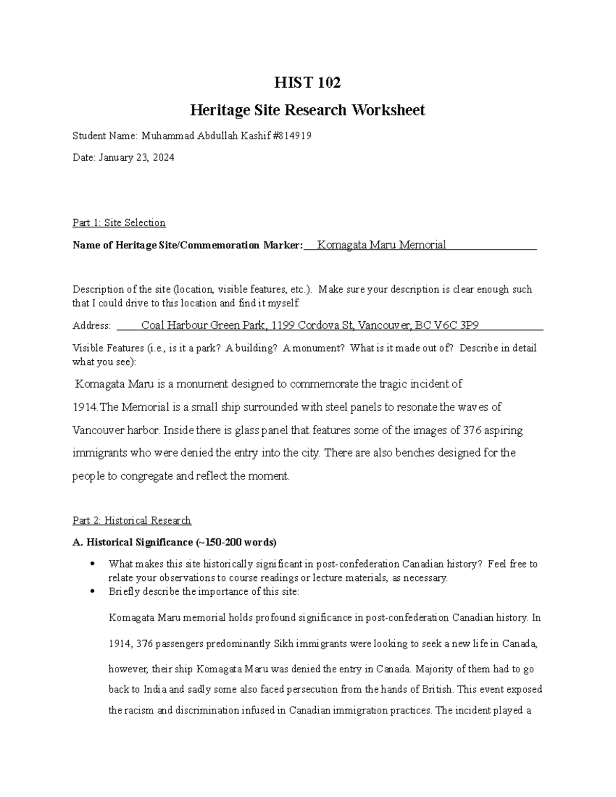 Part 1 - HIST 120 Heritage Site Research Worksheet - HIST 102 Heritage ...