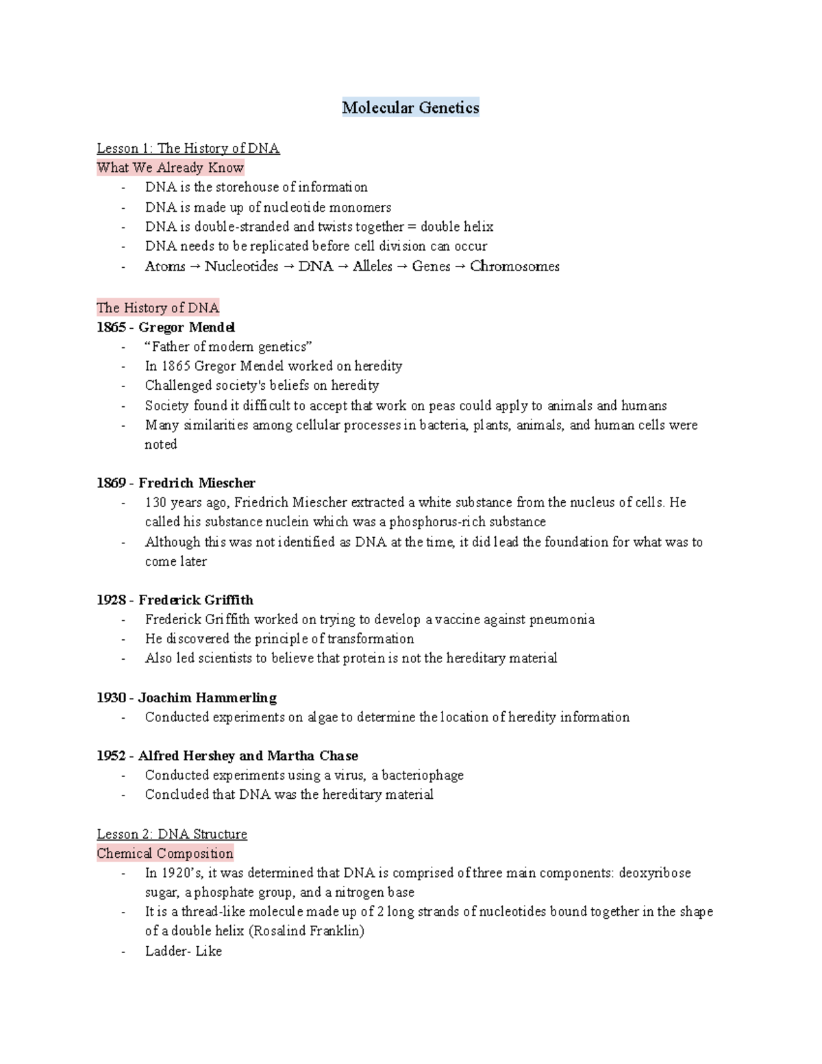 Unit 3 Molecular Genetics - Test Review - Molecular Genetics Lesson 1 ...