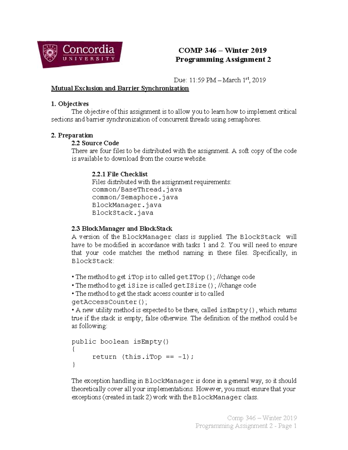 Comp346 PA2 W19 - Programming assignment 2 - COMP 346 – Winter 2019 Programming Assignment 2 Due ...