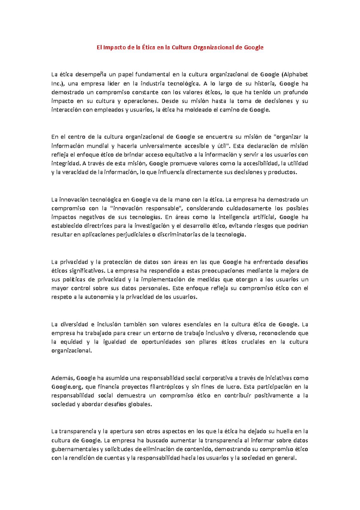 El Impacto de la Ética en la Cultura Organizacional de Google - ), una ...