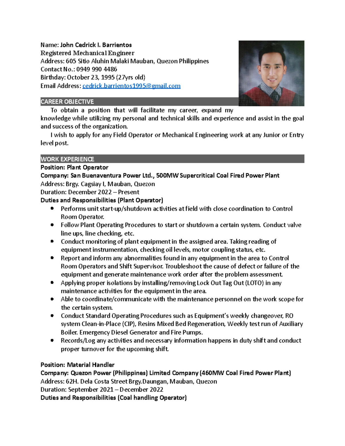 Cedrick - n/a - Name: John Cedrick I. Barrientos Registered Mechanical Engineer Address: 605 ...