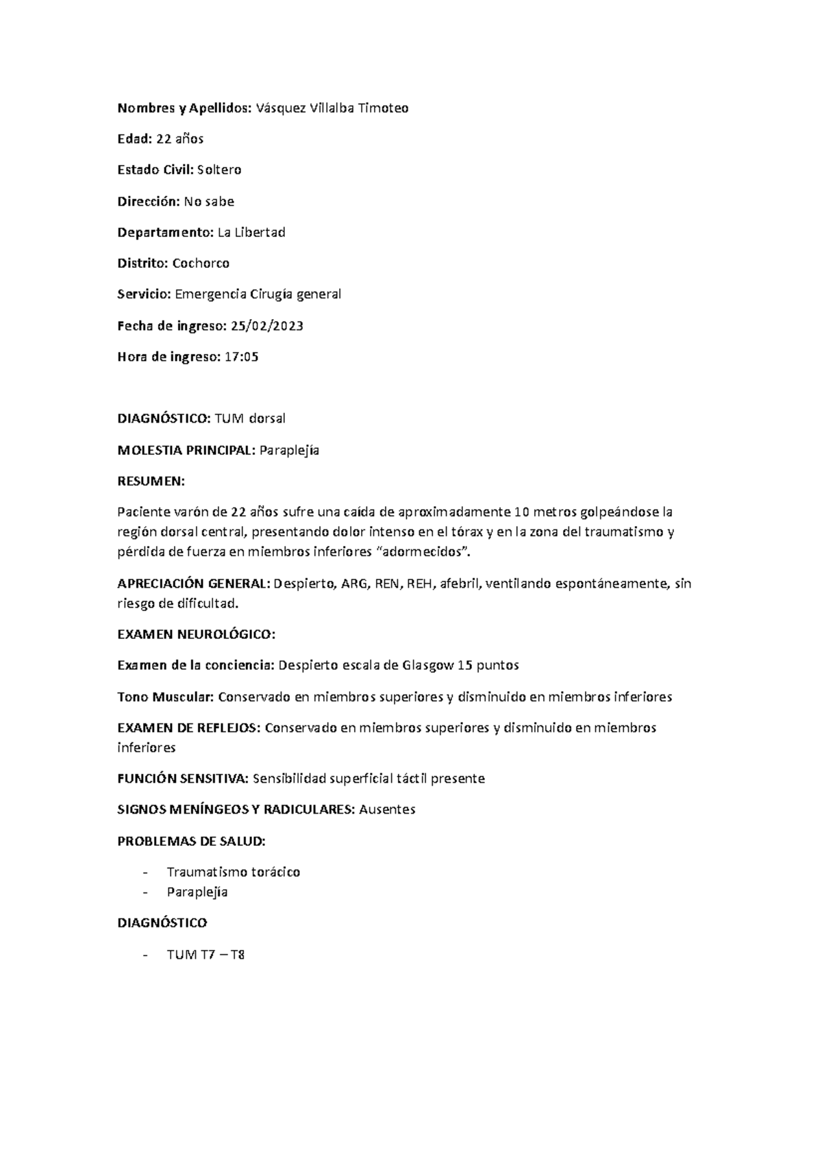 Caso 2 - resumr - Nombres y Apellidos: Vásquez Villalba Timoteo Edad ...