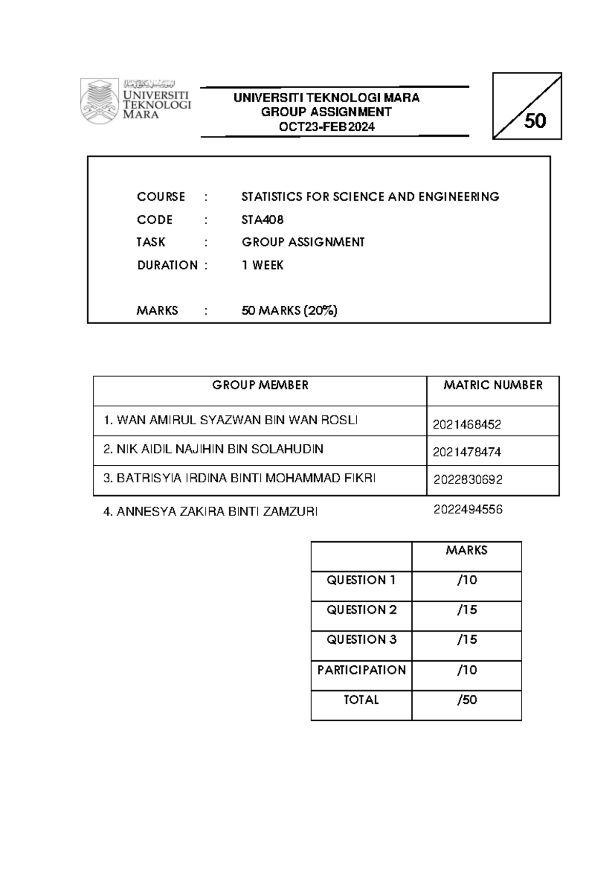 Group 3 Assignment STA408 - COURSE : STATISTICS FOR SCIENCE AND ...