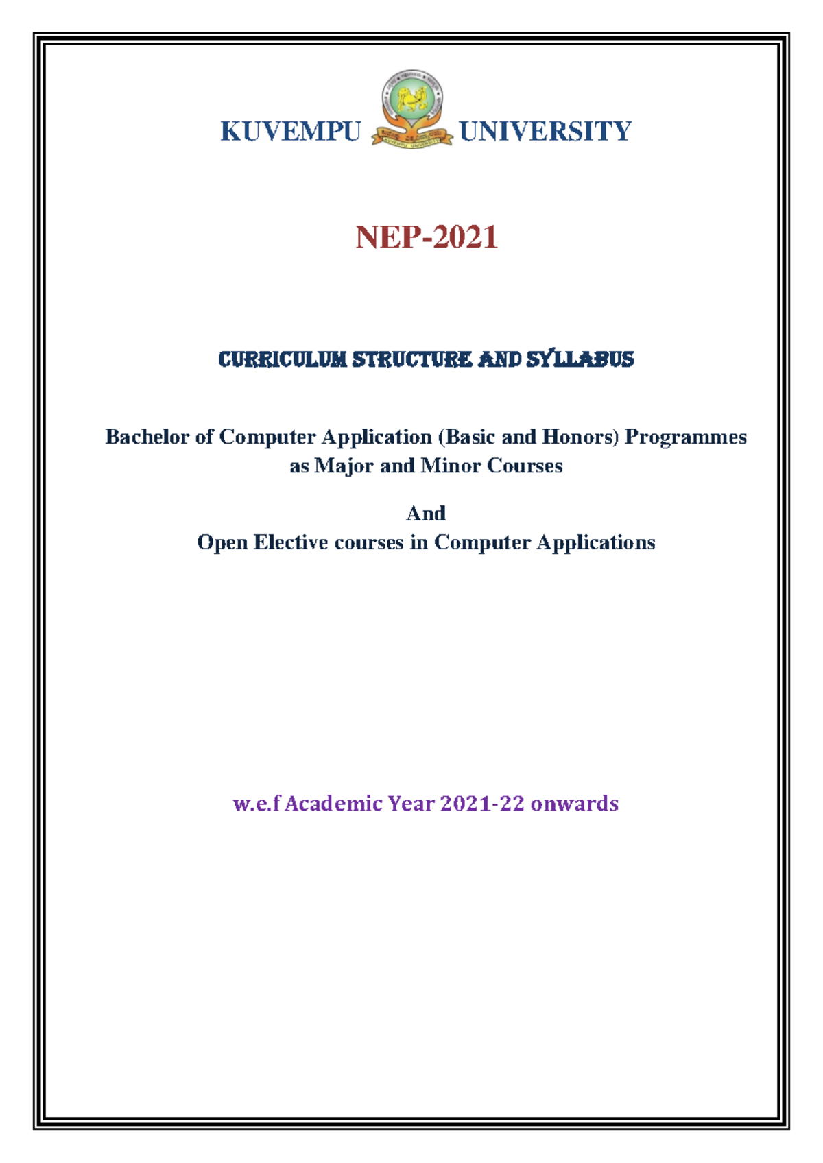 BCA-Final - KUVEMPU UNIVERSITY NEP- curriculum structure AND SYLLABUS Bachelor of Computer - Studocu