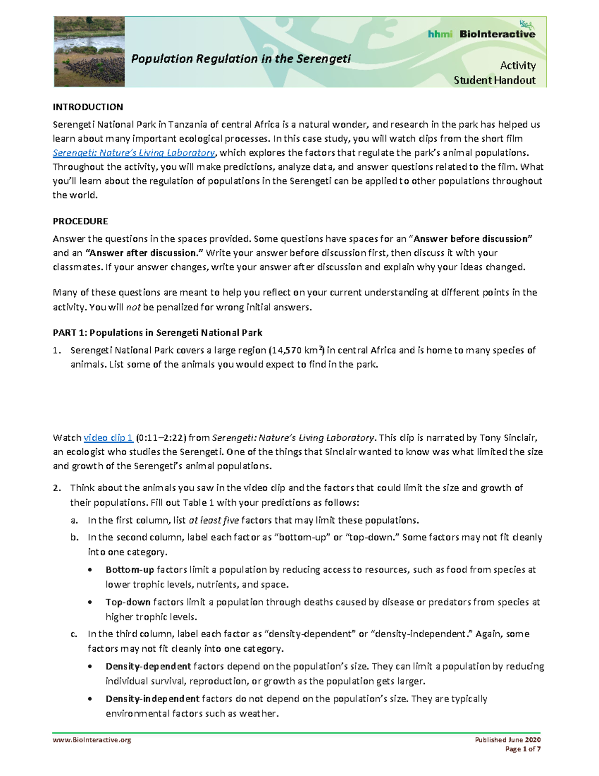 Population Regulation Serengeti-Student HO-act - BioInteractive ...