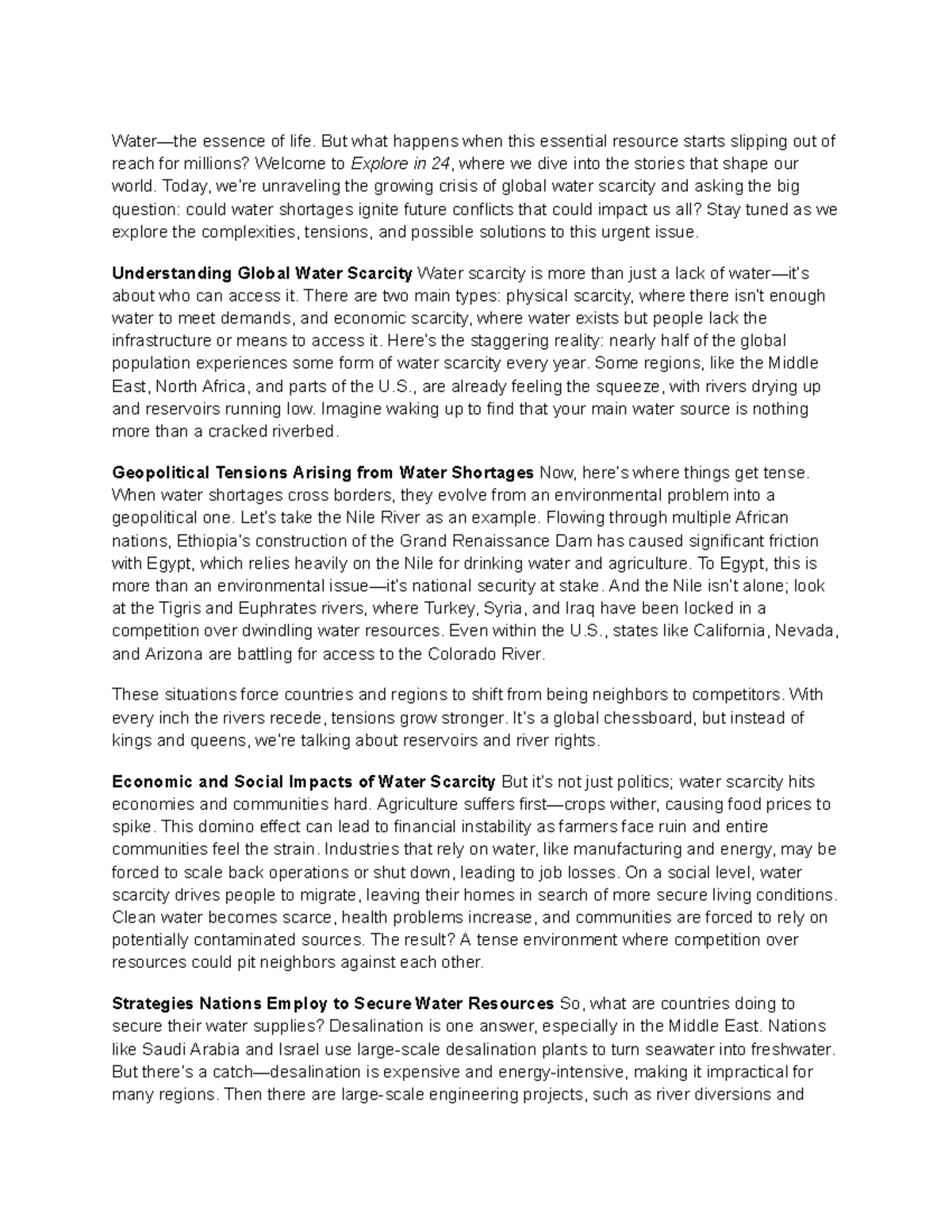 “Water—the essence of life video script for explore in 24 - Water—the ...