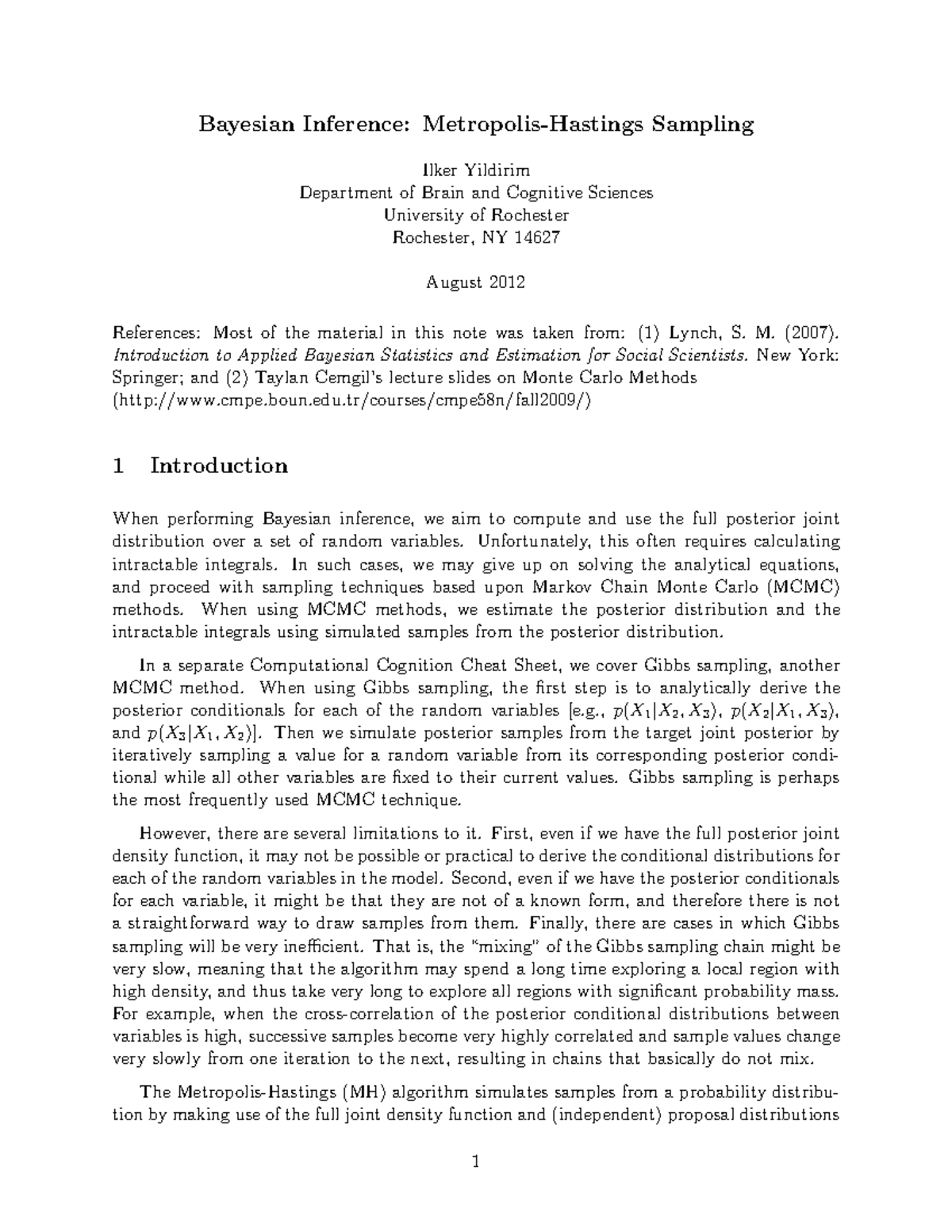 Metropolis Hastings Sampling - Bayesian Inference: Metropolis-Hastings Sampling Ilker Yildirim ...