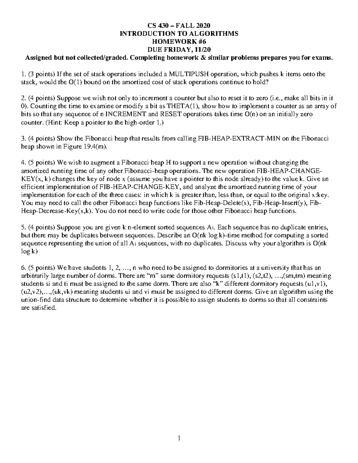 CS430HW6 - homework question - 1 CS 430 – FALL 2020 INTRODUCTION TO ALGORITHMS HOMEWORK DUE ...