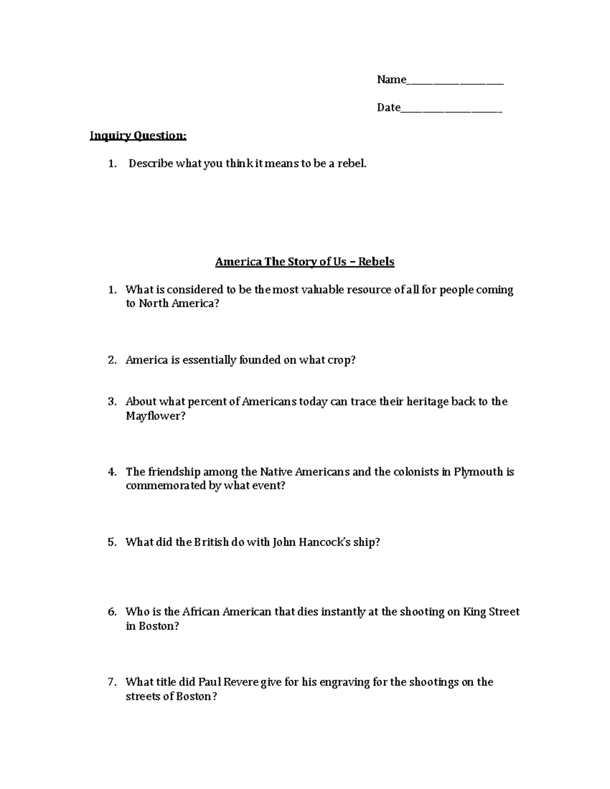 2018 America Story of Us Rebels Viewing Guide - Name ...