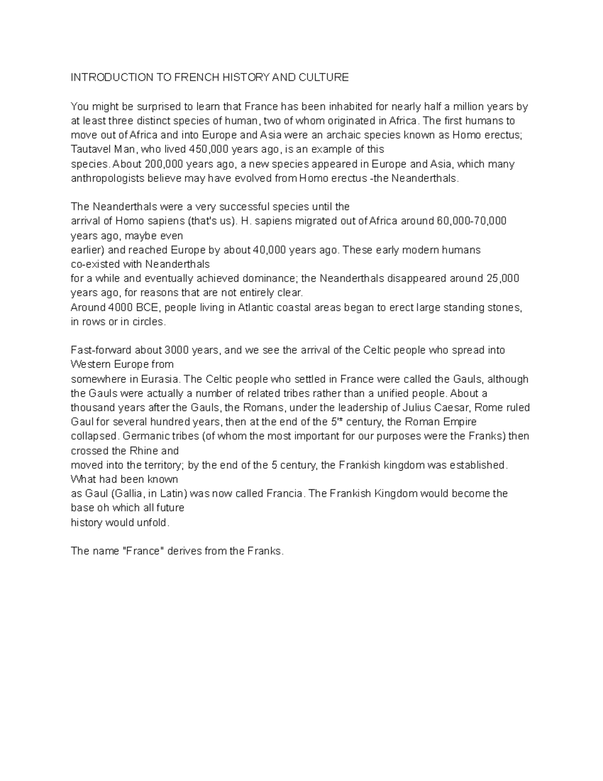 French class notes- intro - INTRODUCTION TO FRENCH HISTORY AND CULTURE ...