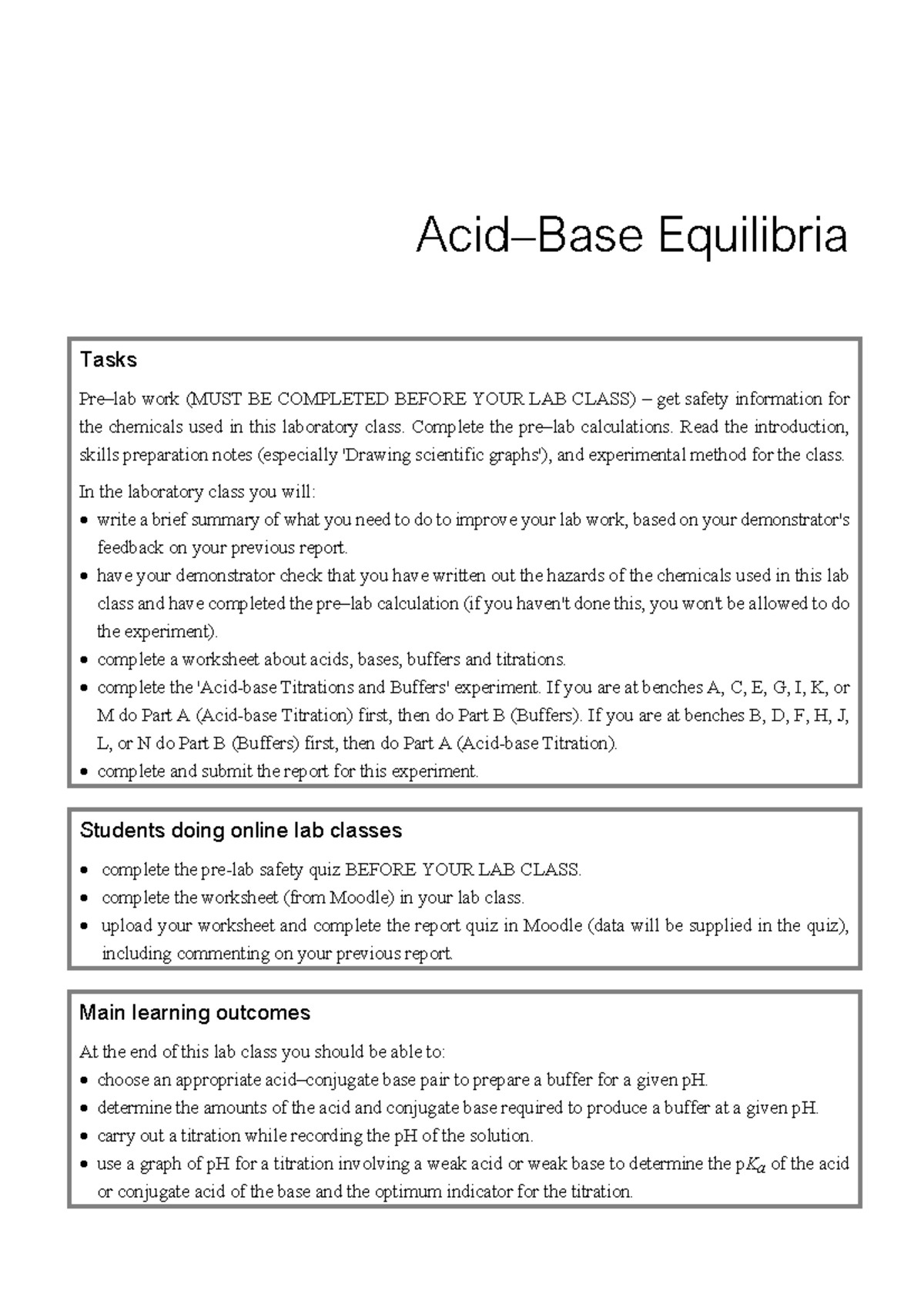 Manual Lab 6 - Acid–Base Equilibria Tasks Pre–lab work (MUST BE COMPLETED BEFORE YOUR LAB CLASS ...
