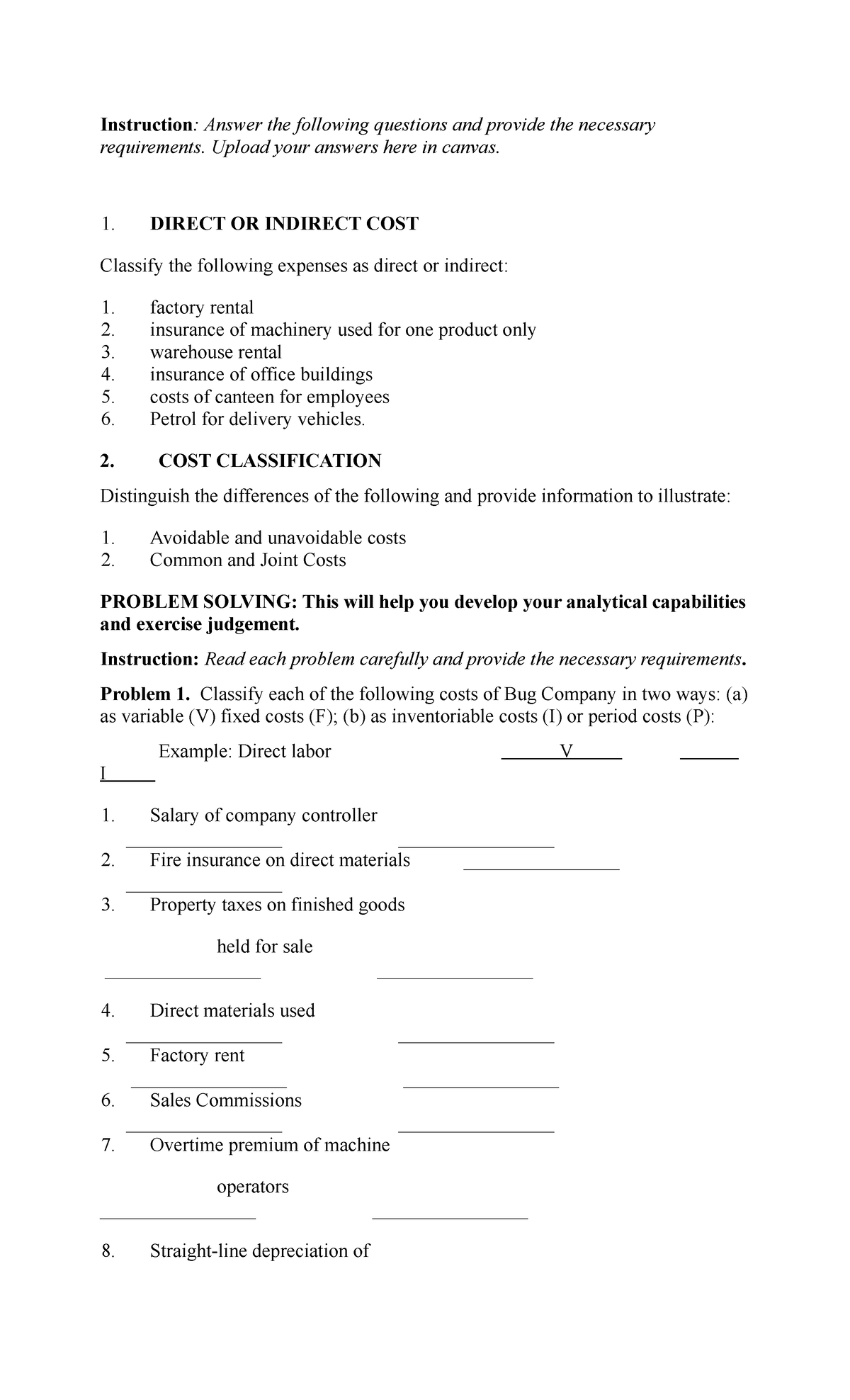 Assignment 2 cost and its classifications - Instruction: Answer the ...