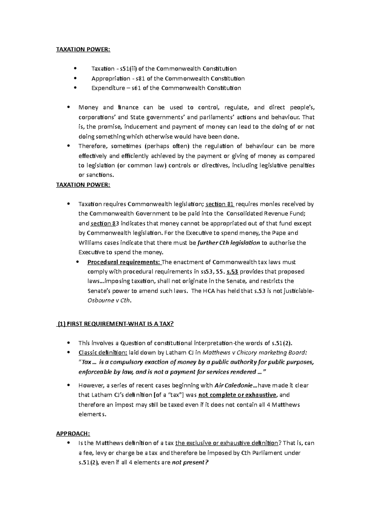Fiscal power Summary - TAXATION POWER: Taxaion - s51(ii) of the ...