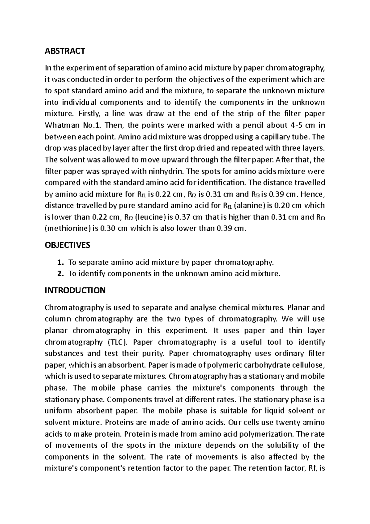 EXP9 CHM421 - ABSTRACT In the experiment of separation of amino acid ...
