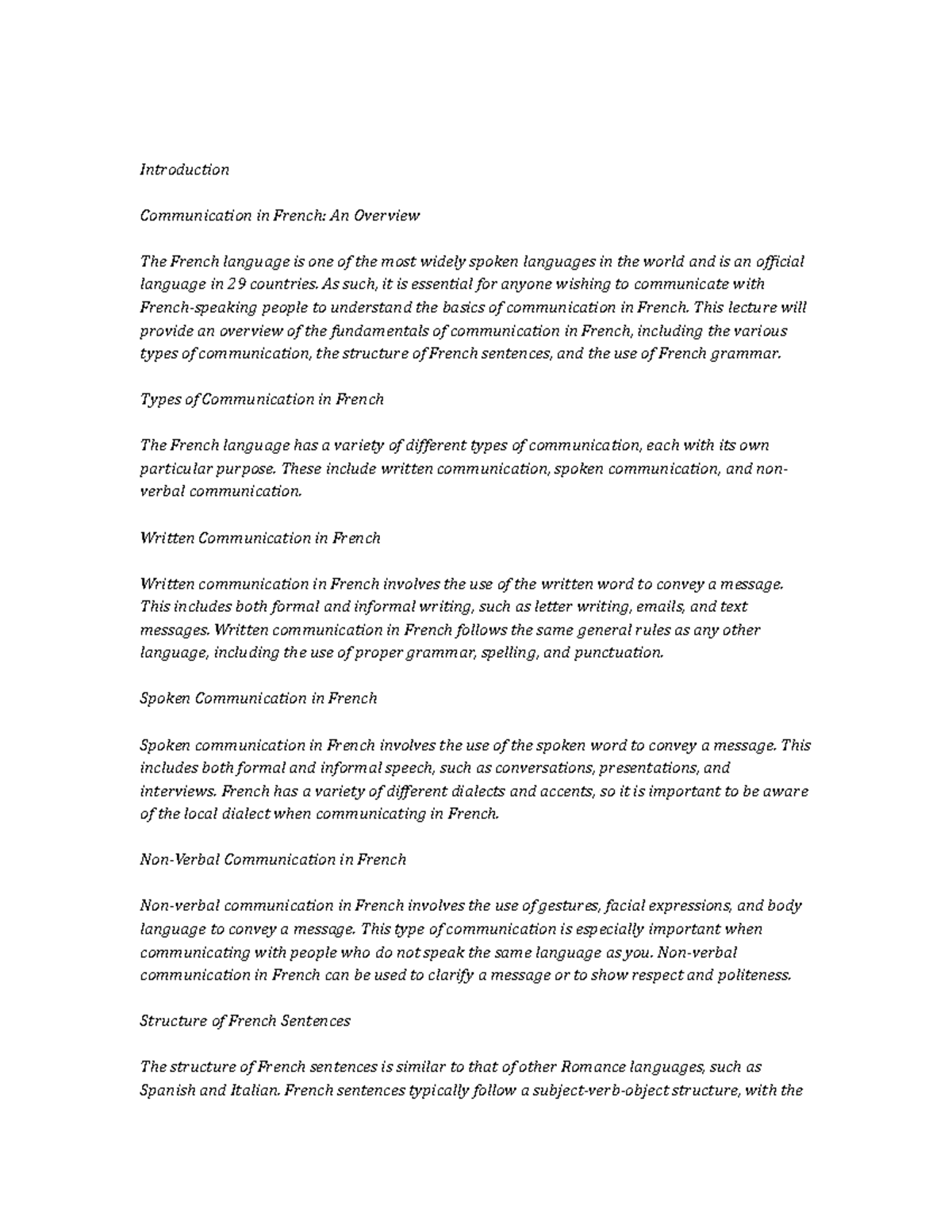 Communication Study Notes - Introduction Communication in French: An ...