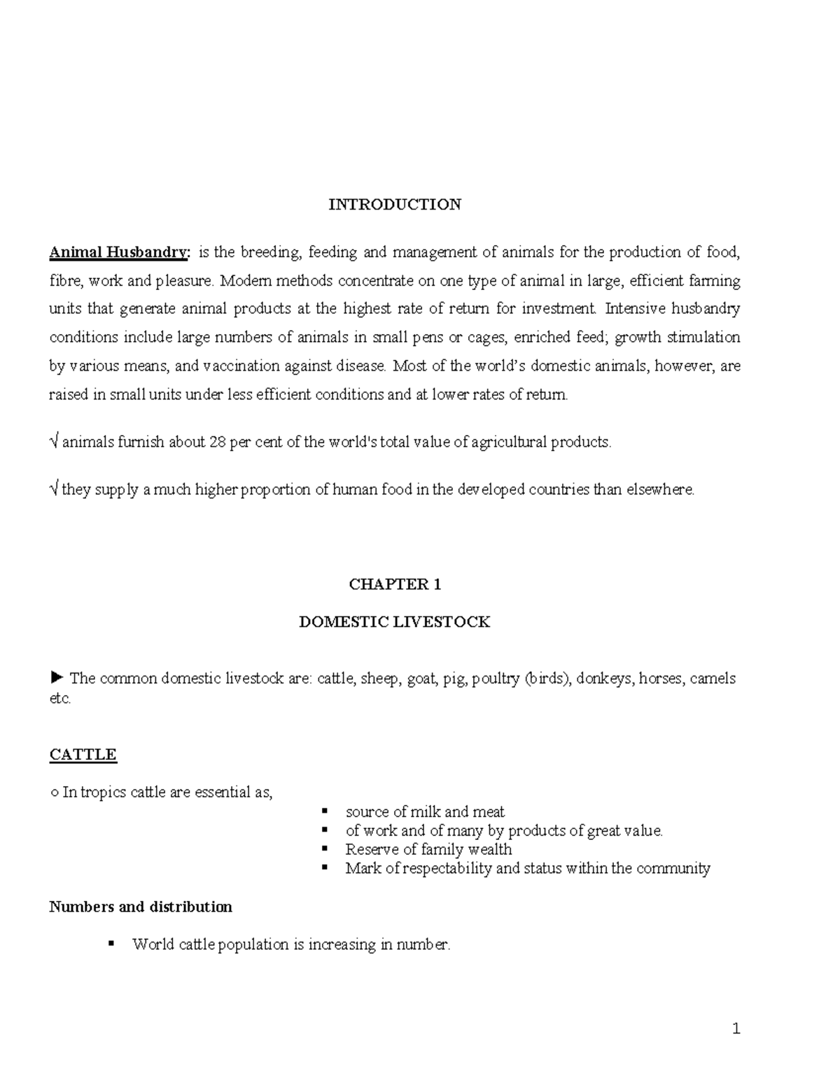 Neww animal hus note - lecture - INTRODUCTION Animal Husbandry: is the ...