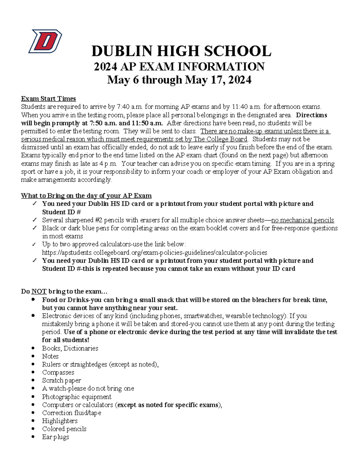 2024 Dublin AP Student Reminders and Exam Schedule info - DUBLIN HIGH ...
