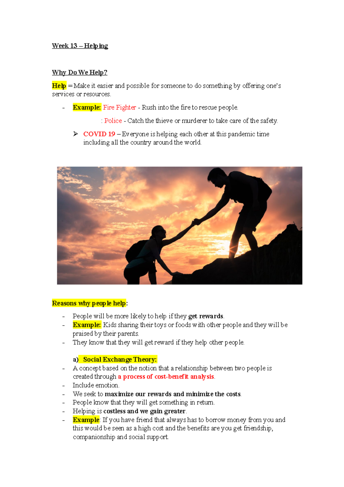 Week 13 - Helping - Lecture notes 13 - Week 13 – Helping Why Do We Help ...