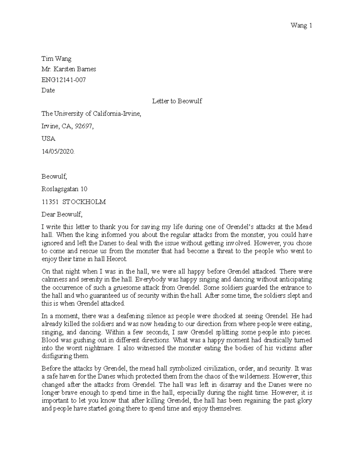 Letter to Beowulf - Assignment - Wang 1 Tim Wang Mr. Karsten Barnes ...