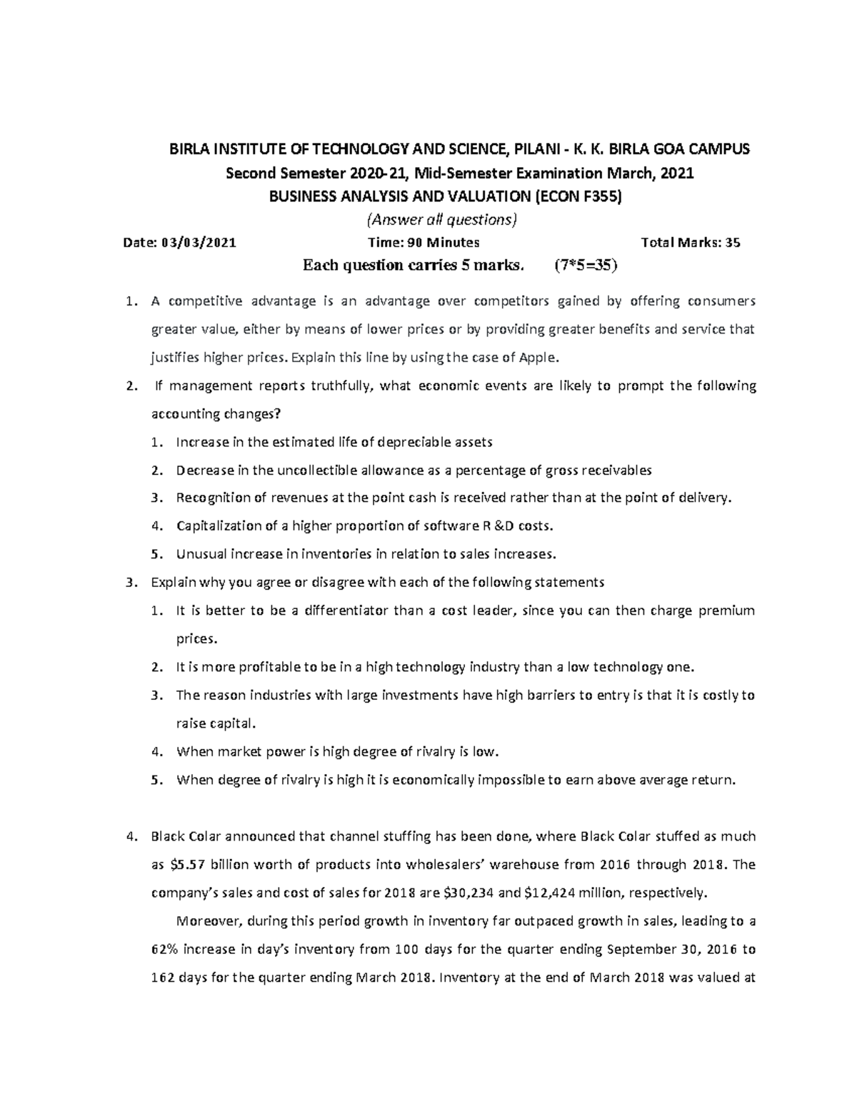Question Paper Mid Sem Exam IIsem 2020-21 - BIRLA INSTITUTE OF TECHNOLOGY AND SCIENCE, PILANI ...
