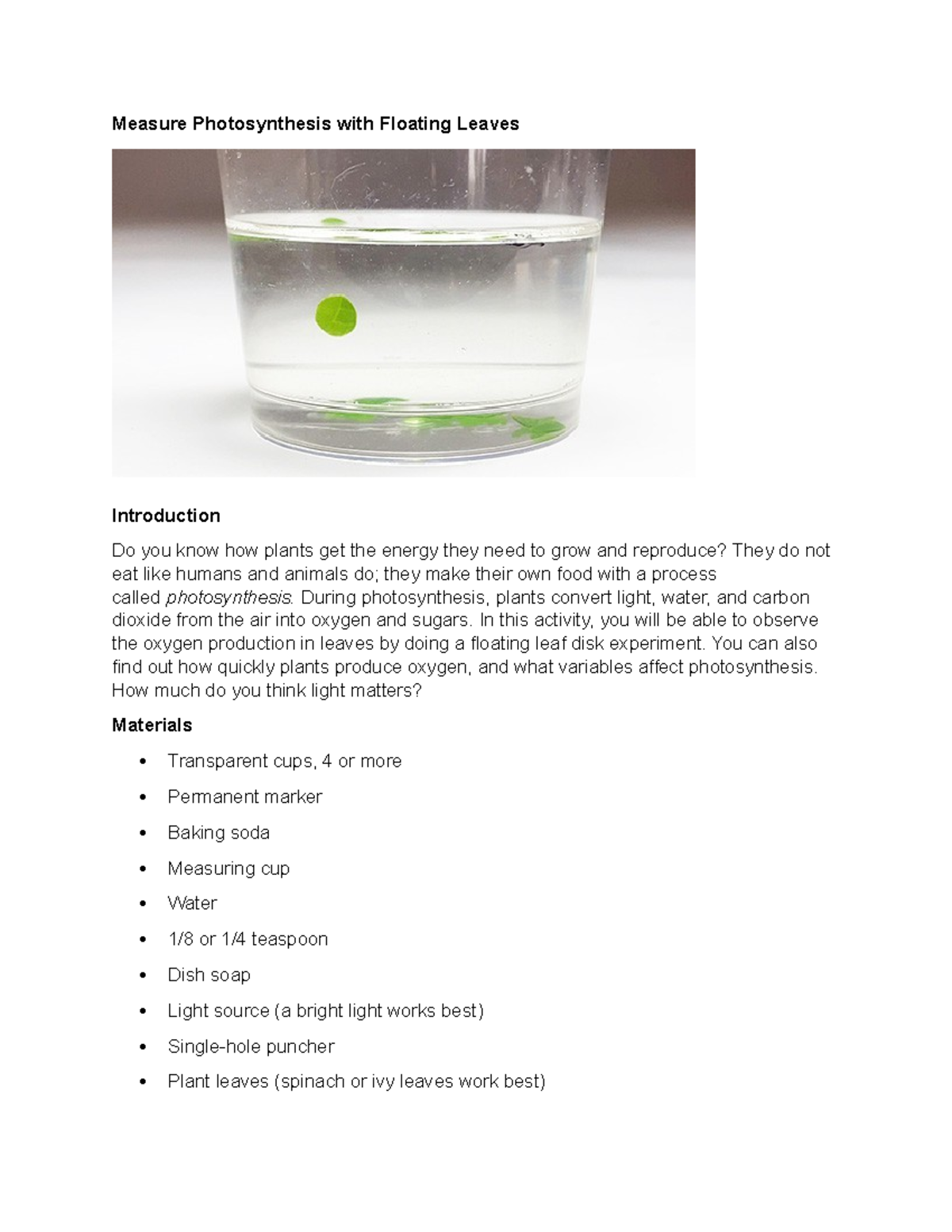 Experiment 1 Measure Photosynthesis with Floating Leaves - Measure ...