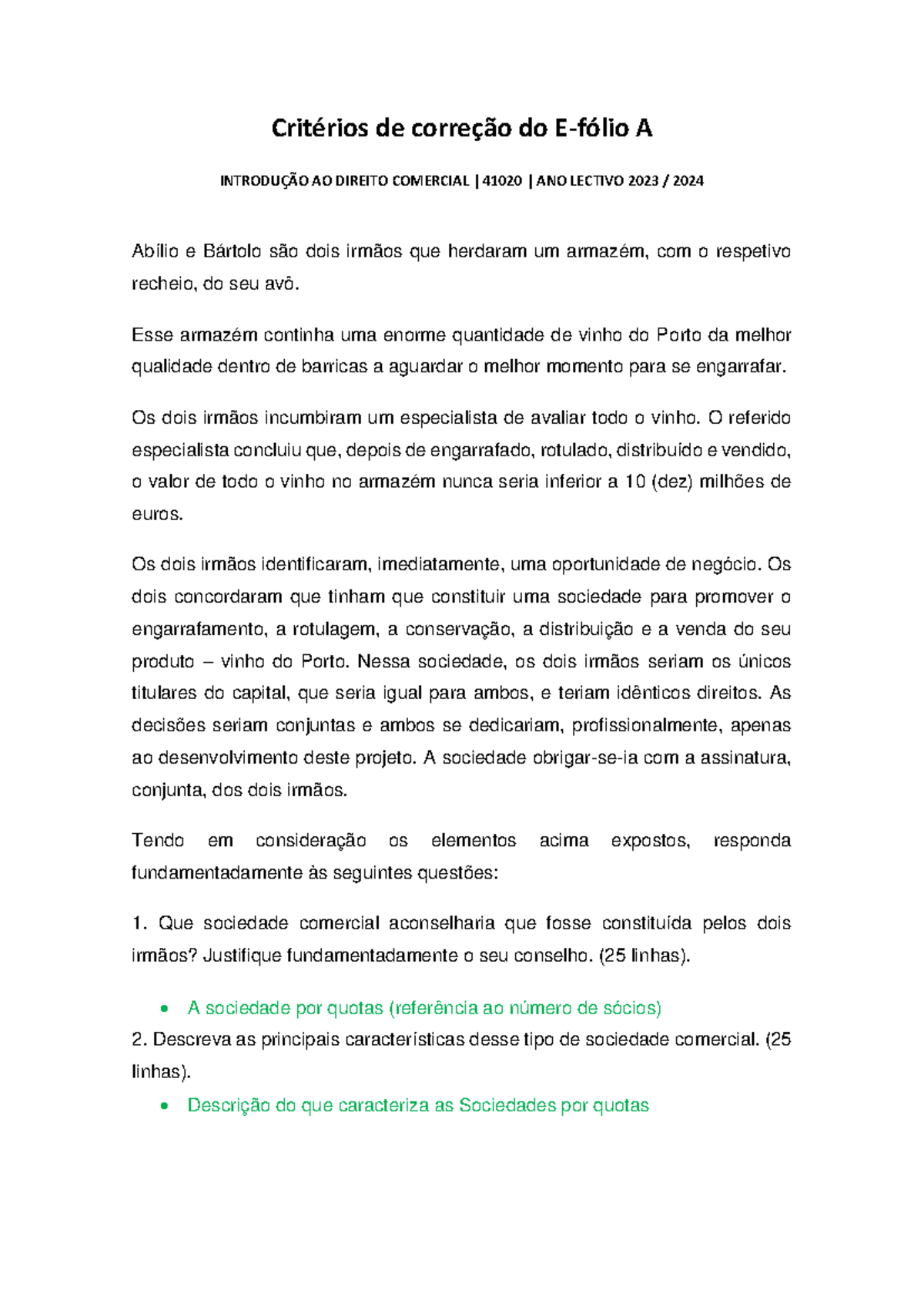 Critérios de correção do Efolio A (2023 2024) - Critérios de correção ...