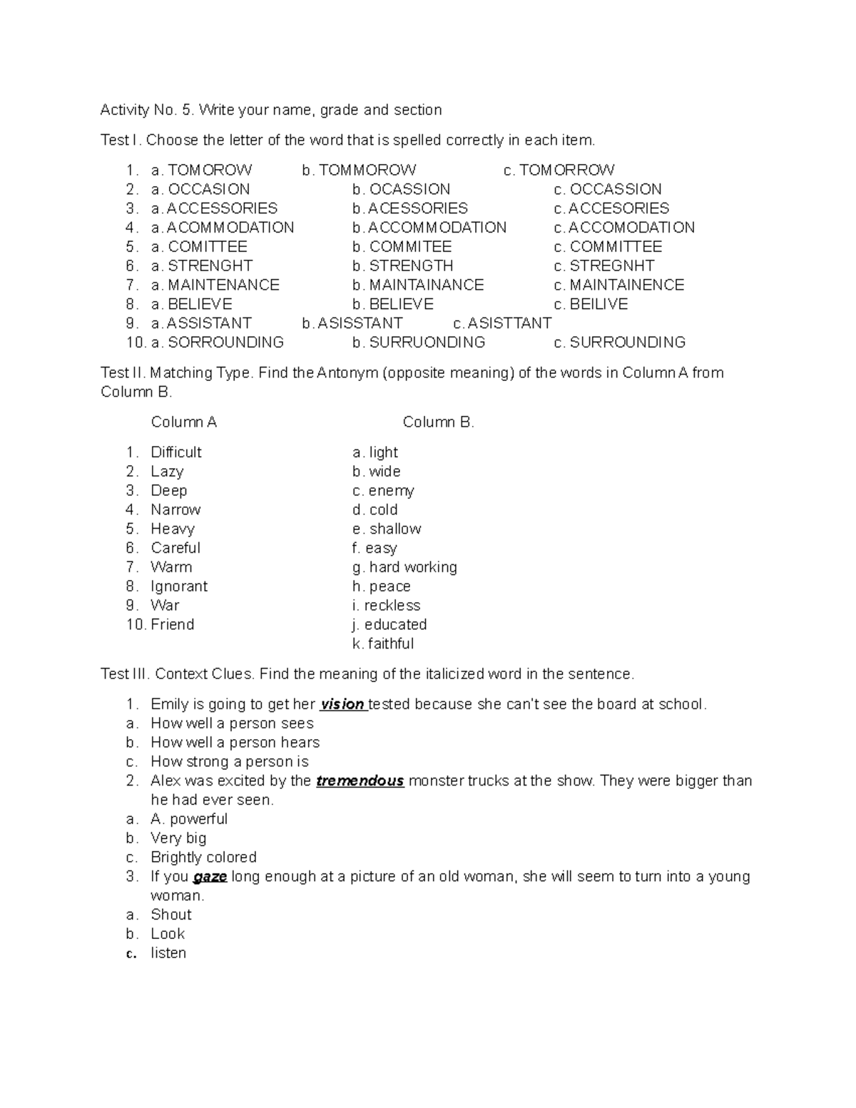 Vocab-Spelling - REMEDIAL NOTES - Activity No. 5. Write your name ...