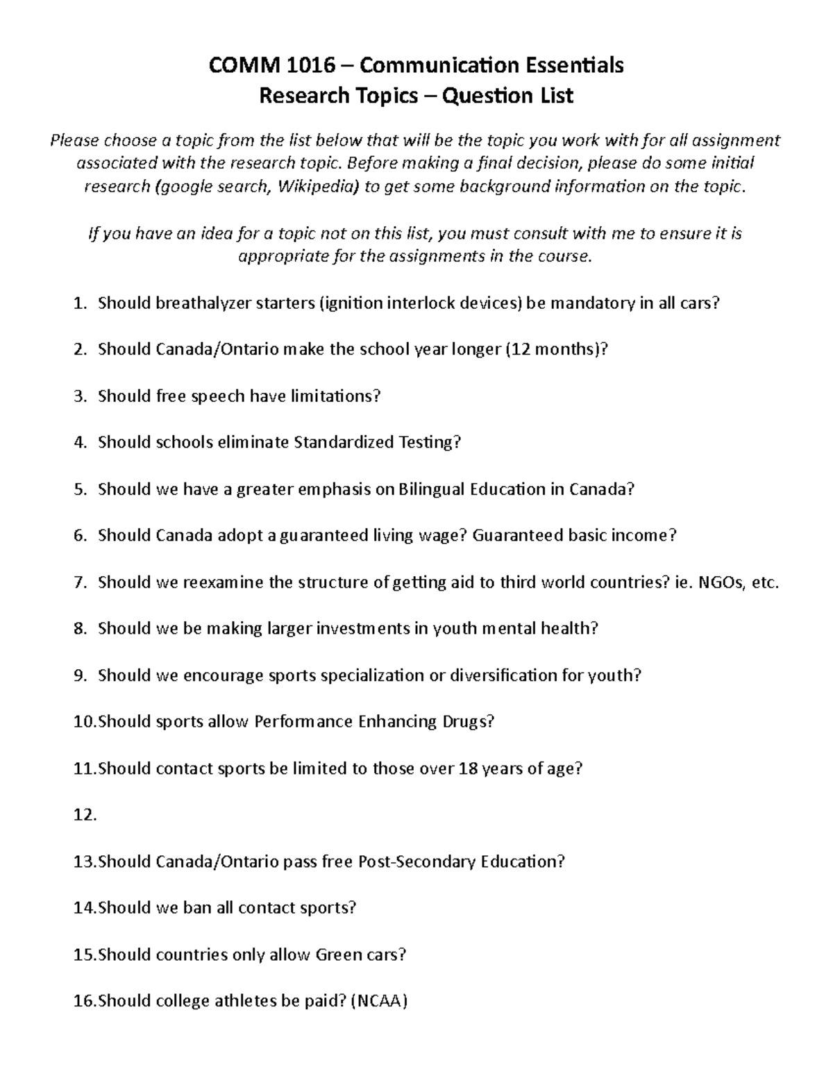 Research Topics - Question List (F22) - COMM 1016 – Communication ...