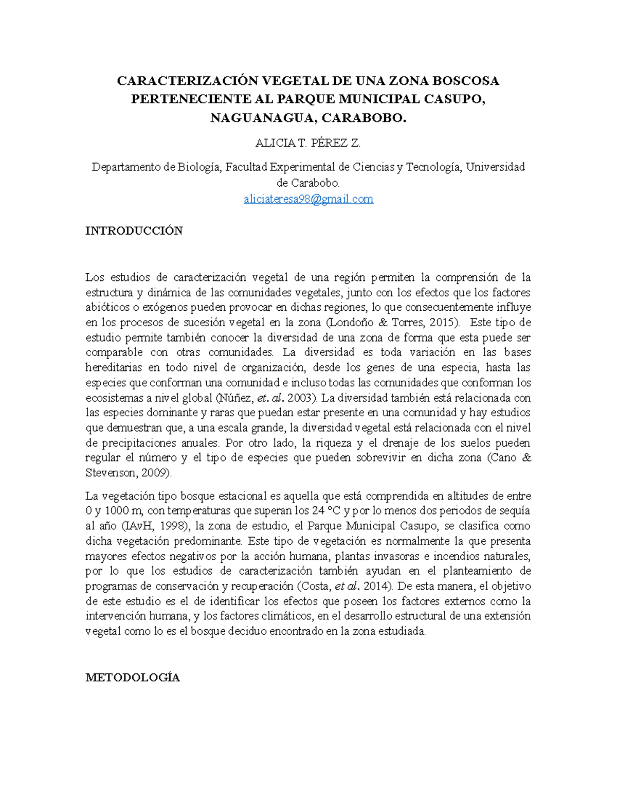 Caracterización Vegetal DE ZONA Boscosa Perteneciente AL Parque ...